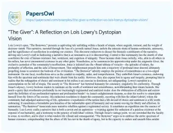 "The Giver": A Reflection on Lois Lowry's Dystopian Vision - Free Essay ...