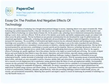 Essay On The Positive And Negative Effects Of Technology - Free Essay ...