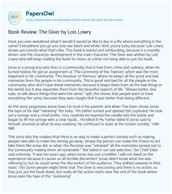 Book Review: The Giver by Lois Lowry - Free Essay Example - 466 Words | PapersOwl.com