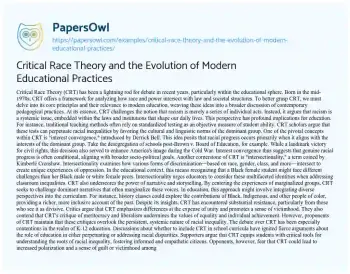 Critical Race Theory and the Evolution of Modern Educational Practices - Free Essay Example ...
