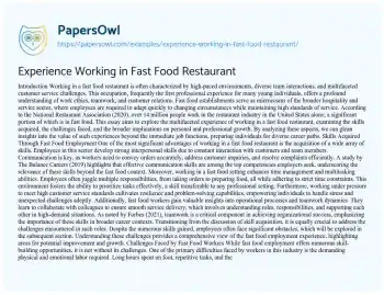 Experience Working in Fast Food Restaurant - Free Essay Example - 1132 ...