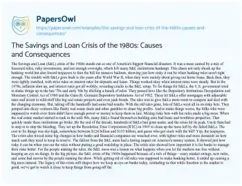 The Savings and Loan Crisis of the 1980s: Causes and Consequences ...