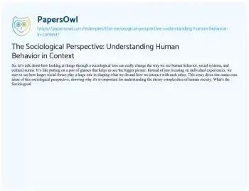 The Sociological Perspective: Understanding Human Behavior in Context ...
