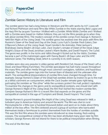 Zombie Genre History in Literature and Film - Free Essay Example - 1122 ...